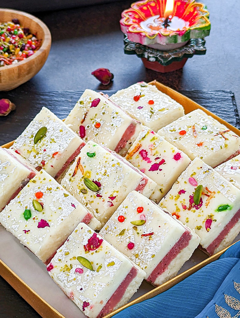 Gulkand Burfi Sandwich (Rose Petal Jam Fudge) - Ruchiskitchen